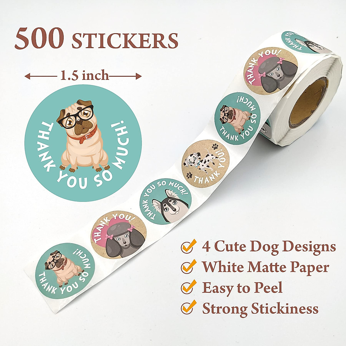 Gooji Dogs Thank You Stickers – 500Pcs Roll Dogs Thank You Stamp – 1.5 Inch Thank You Stickers for Packaging – 4 Designs – Ideal for Birthdays, Party, Small Business, Boutiques