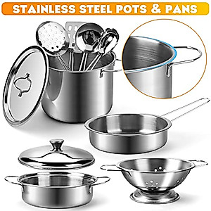 Tigerhu 26PCS Play Kitchen Accessories, Kitchen Pretend Play Cooking Toys w/ Stainless Steel Cookware, Apron & Chef Hat,Pots and Pans Set, Cutting Foods, Great Learning Gifts for Toddler & Boys Girls