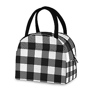 xigua White Black Buffalo Plaid Lunch Bag Insulated Portable Lunch Tote Reusable Lunch Box for Office School Picnic Travel Camping