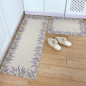Sabolny Lavender Kitchen Runner Rug Mat, Bath Shower Bathtub Welcome Door Floor Mat, Summer Spring Country Purple Flower Washable Indoor Outdoor Throw Entry Area Rug Doormat 24x35+24x71