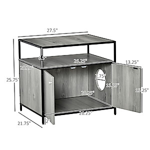 PawHut Wooden Cat Litter Box Enclosure, Hidden Kitten Washroom, Indoor End Table with Magnetic Doors & Storage Shelves, Grey