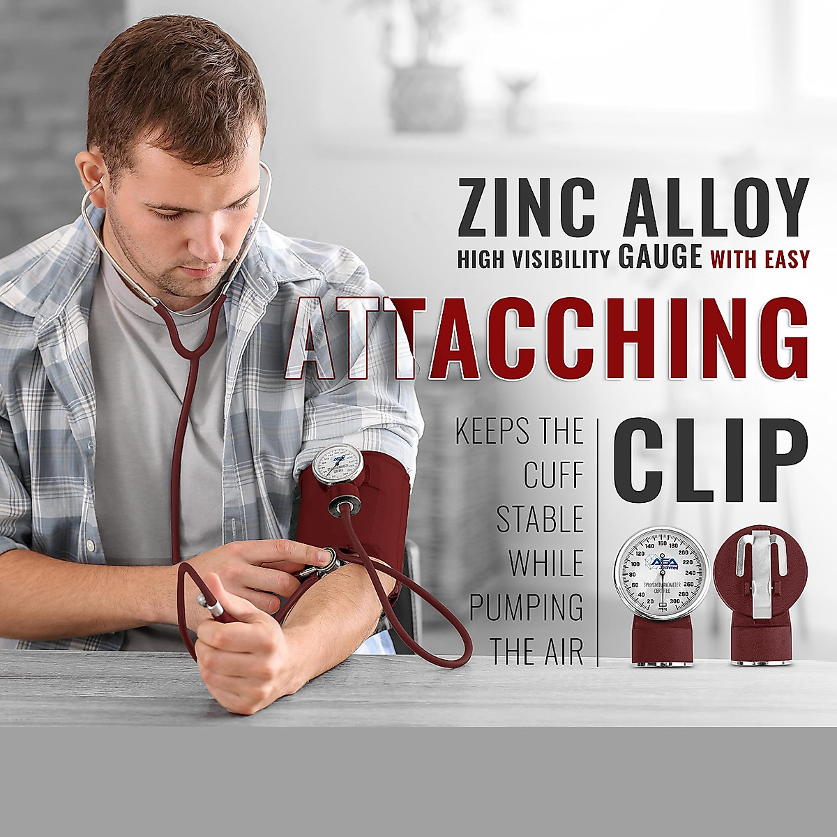 ASA TECHMED Manual Blood Pressure Monitor - Aneroid Sphygmomanometer Blood Pressure Cuff arm for Nurses Universal (Maroon) Standard