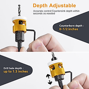 LEOMAUNYX 5 Pcs Countersink Drill Bit Set: Replaceable HSS M2 Tapered Bits - 82° Counter Bore with Adjustable Depth Stop, Carbide Drill Bits 1/4” Hex Shank for Wood, Plastic, Woodworking