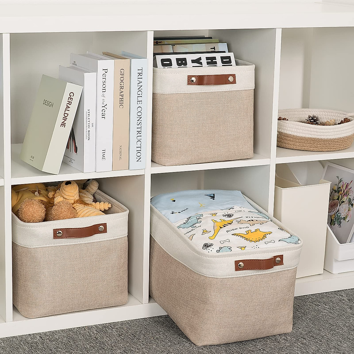 HNZIGE Storage Basket Bins Collapsible Storage Baskets for Organizing Shelf Closet Bedroom, Perfect Storage Bin with Handles for Closet, Clothes, Toy, Home（Beige 15" x 11" x 9.5",11.8" x 7.8" x 5.1"