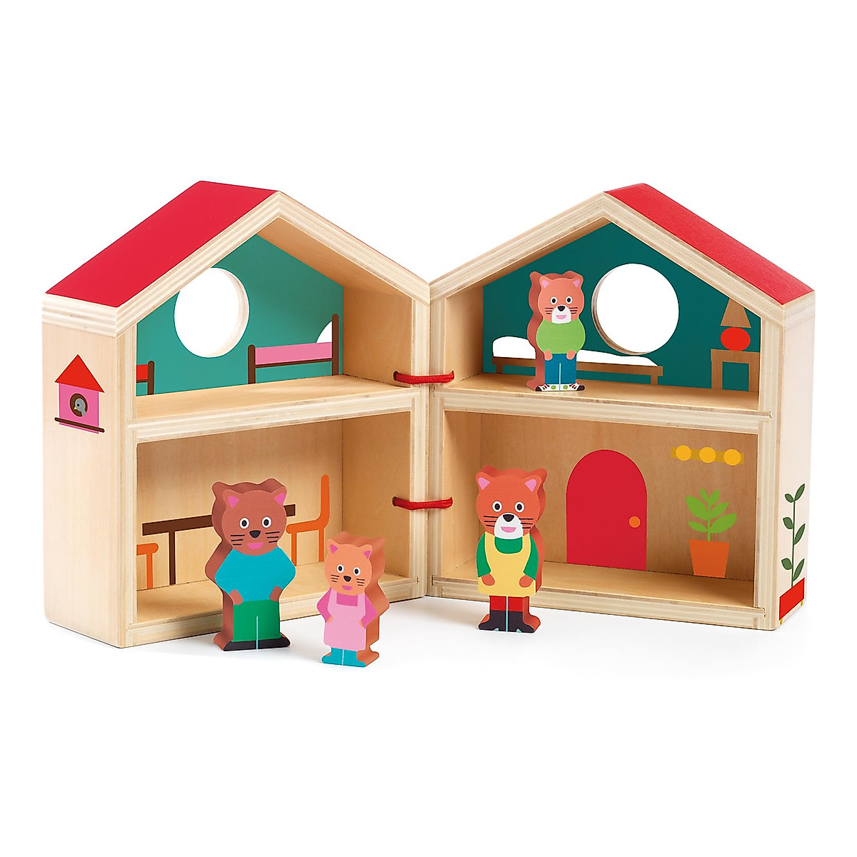 DJECO Minihouse Wooden Toy - Educational Playhouse with Family of Cats - Interactive Toddler and Baby Toys for Boys & Girls, 18+ Months