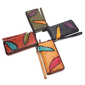 Women's Wallet Genuine Leather Zip Around Wristlet Long Purse Vintage Embossing Cowhide Capacity Handmade Clutch(Brown)