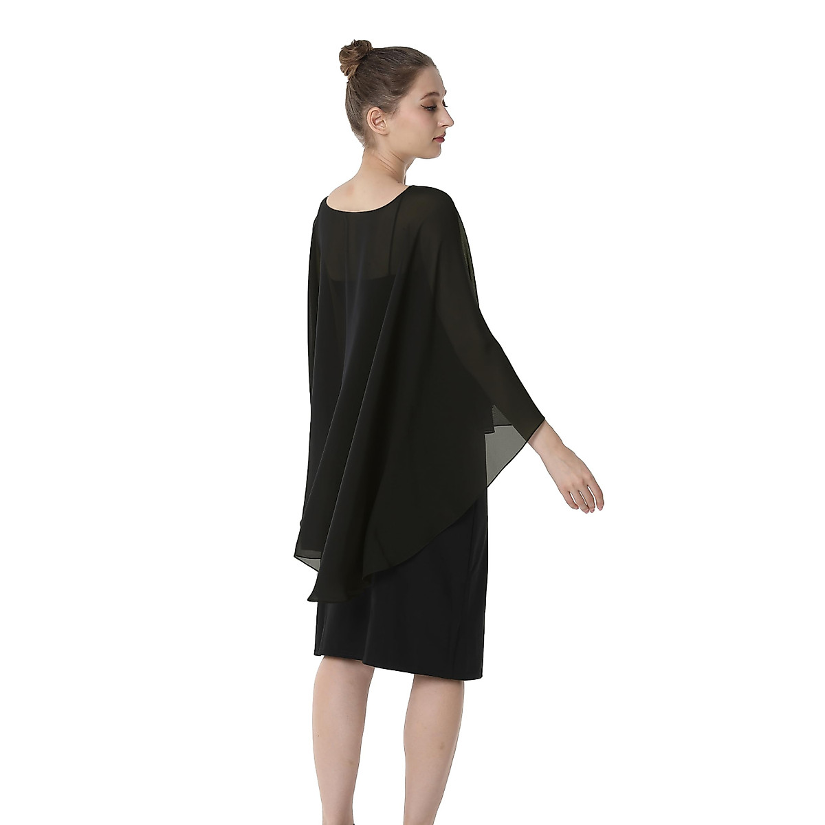 Baoqiya Chiffon Capes Sheer Capelets Bridal Shawls And Wraps Cape Long Plus Size Poncho Cape For Women (Black)