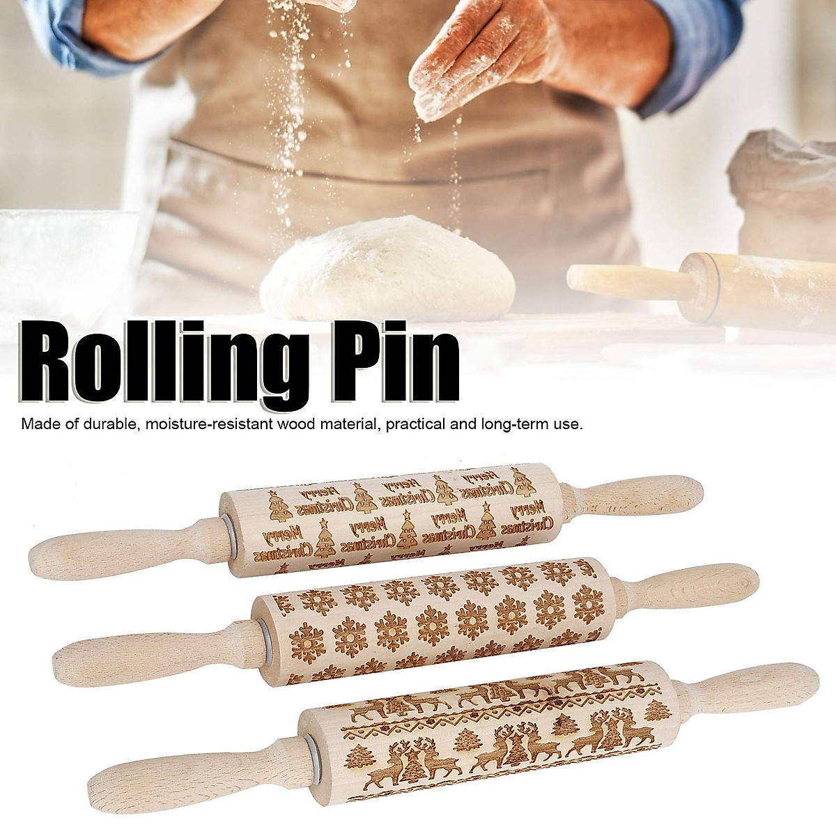 3Pcs Rolling Pin, Embossing Wooden Rolling Pin 3D Engraved Rolling Pin Cute Patterns Dough Roller (English Christmas tree + snowflake + pair of deer)