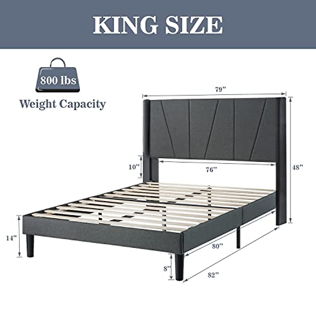 Allewie King Size Upholstered Platform Bed Frame / Geometric Wingback Headboard / Mattress Foundation / Wood Slat Support / No Box Spring Needed / Easy Assembly, Dark Grey