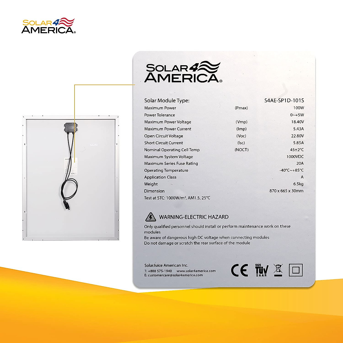 Solar4America 100W Monocrystalline Solar Panel, Mono Tech High Efficiency Module, for RVs, Boats, and Other Off-Grid