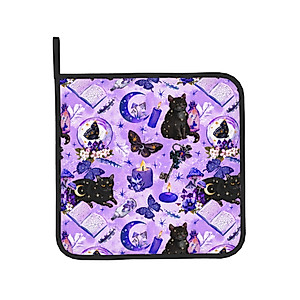 Flexible Witchy Witch Goth Black cat Mushroom Oven Mitts and Pot Holders High Heat Resistant Oven Mitts and Pot Holders Non-Slip BBQ Gloves