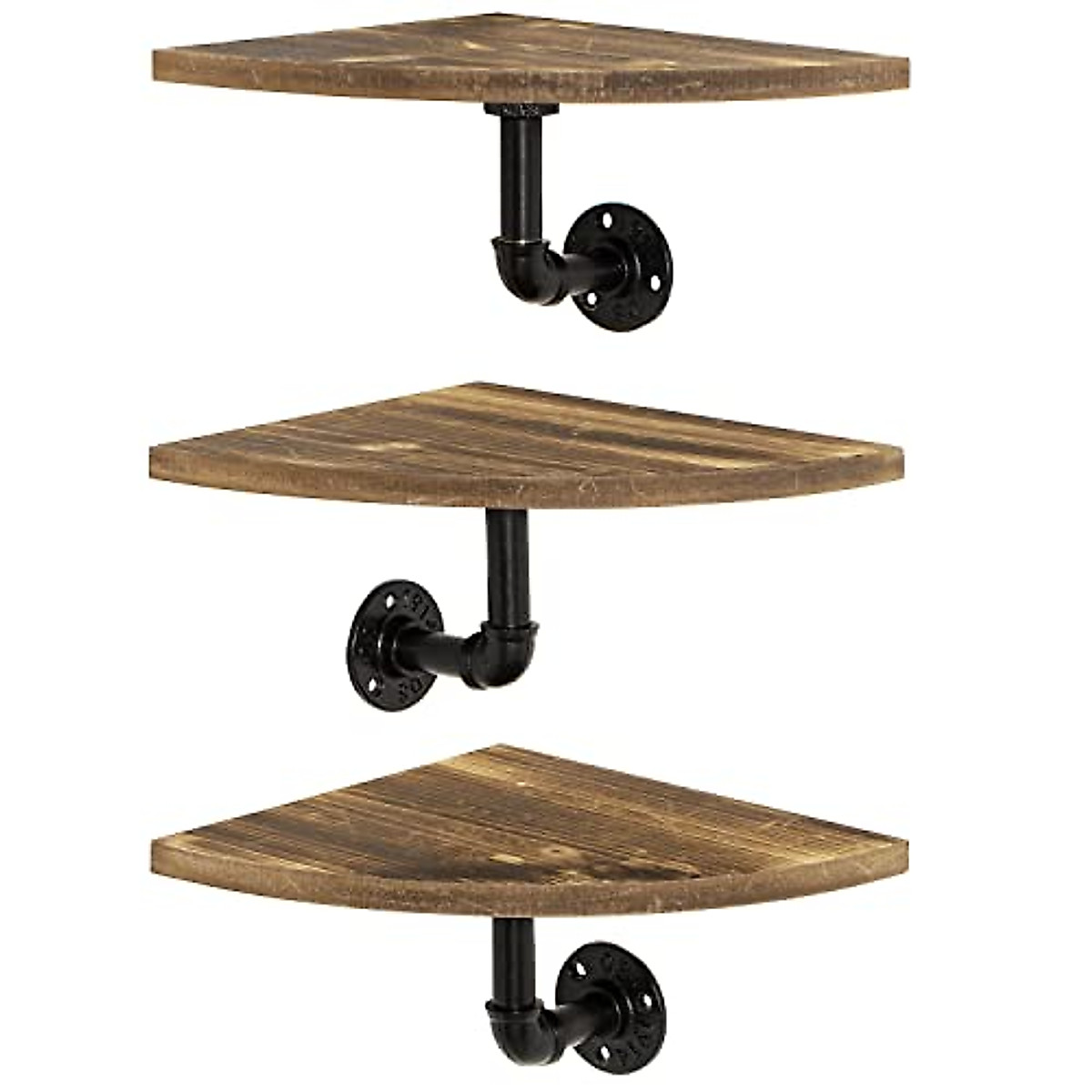 MyGift Wall Mounted Floating Corner Shelves, Rustic Burnt Solid Wood Rounded Corner Shelf with Black Metal Pipe Mounting Brackets, Set of 3