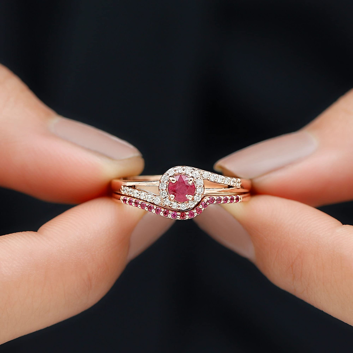 1 CT Ruby and Diamond Ring Set, Ruby Wedding Ring Set, Minimal Ruby Gold Bypass Ring, Genuine Ruby Bridal Ring Set for Women, 14K Rose Gold, Size:US 8.00