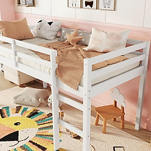 ANDORON Low Loft Bed Twin Size, Kids Solid Wood Modern Loft Bed Frame with Ladder and Safety Guardrail for Girls Boys, Noise-Free, Non-Toxic Finishes, Space-Saving, No Box Spring Needed (White, Twin)