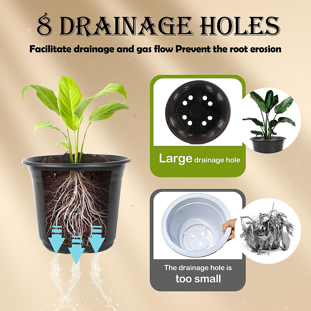 TAQIXI 100 Packs Nursery Pots, 4 5 6 Inches Plastic Nursey Pots for Plants with Drainage Holes, Seed Starting Garden Pots of Flower Plant Container for Succulents, Transplanting (100, 4 Inch)