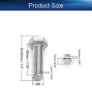 Bettomshin 10Pcs M8 x 30mm Hex Bolts, 304 Stainless Steel 1.25mm Thread Pitch Fully Threaded Metric Hex Head Screw Bolts, Hexagon Screw Bolt, Hex Tap Bolts, Silver (Overall Size 35.45x13x13mm)