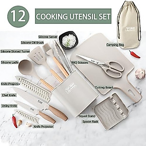 Kitchen Utensils Set-Cooking Utensils Set, 13-in-1 Kitchen Set with 8 Pieces Cooking Utensils+5 Pieces Knife Set with Block, Kitchen Utensils Non Stick and Heat Resistant Large Silicone Spatula, Khaki