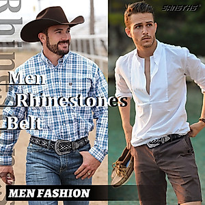 SANSTHS Women Rhinestone Belt for Jeans, Western Cowgirl Bling Studded Belt Faux Crocodile Grain Leather, Black S