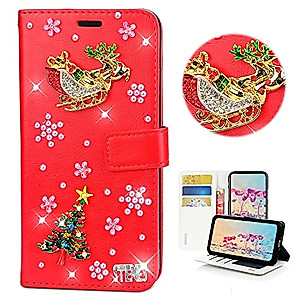 STENES Bling Wallet Phone Case Compatible with Samsung Galaxy Z Fold 2 5G - Stylish - 3D Handmade Christmas Tree Elk Gift Floral Leather Girls Women Cover with Neck Strap Lanyard [3 Pack] - Red