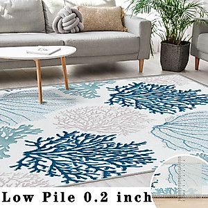 Coastal Runner Rug Beach Hallway Rugs Non-Slip Nautical Coral Machine Washable Rugs Modern Floor Carpet for Kitchen Bathroom Laundry Bedroom Living Room, 2x6