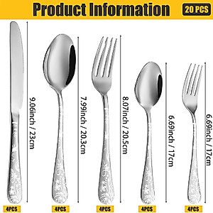 Vilihkc Unique floral pattern Silverware Set Mirror Polished Flatware Set Service for 4 Cutlery Set Stainless Steel Utensil Set for Kitchen Dishwasher Safe(20pcs)