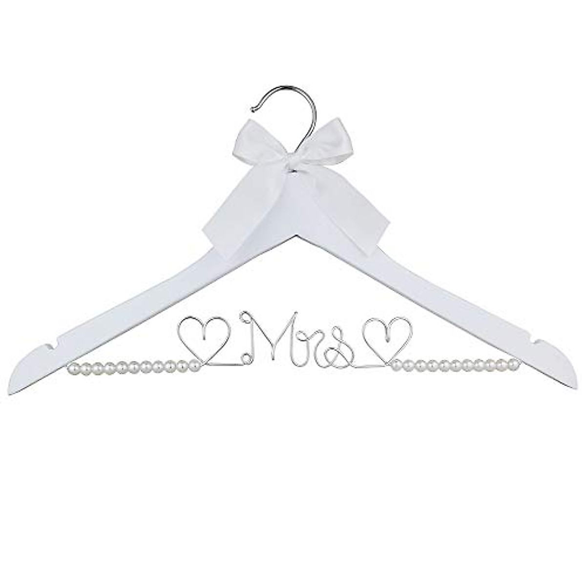 Bridal Dress Hanger Solid Wood Dress Hangers Mrs Letter Hanger Wedding Gift (White Hanger Pearl and Silver Thread)