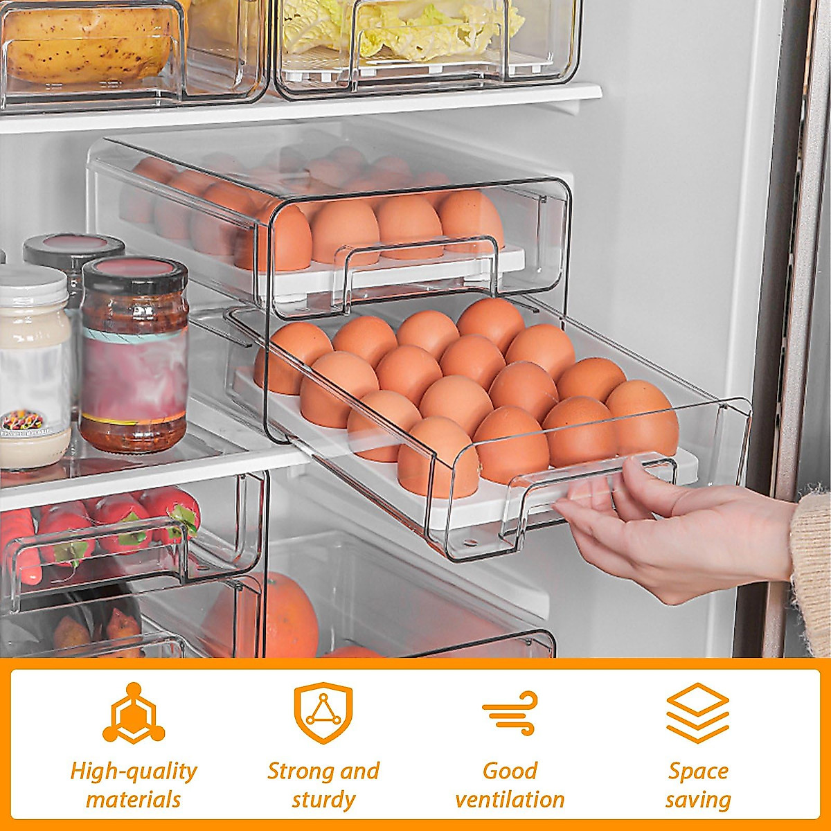ZENVY 3-Pack Double Layer Fridge Storage Container | Clear Food Storage Pull Out Bins | For Fridge, Pantry, Or Toy Orginization (3)