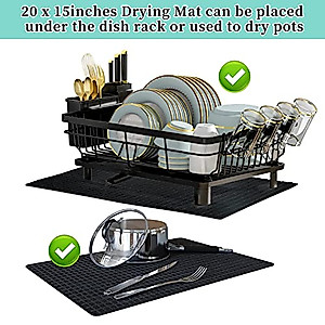 BUDO Dish Drying Rack, Stainless Steel Plate Rack with Drainboard, Removable Utensils and Cup Storage Holder, 360° Swivel Spout for Kitchen Counter (Black)