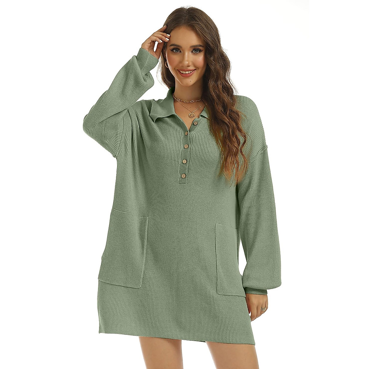 Nfsion Women's Casual Lapel Knit Sweater Button V-neck Long Sleeved Loose Fitting Dress Autumn Oversized Short Skirt Pullover Light green Small