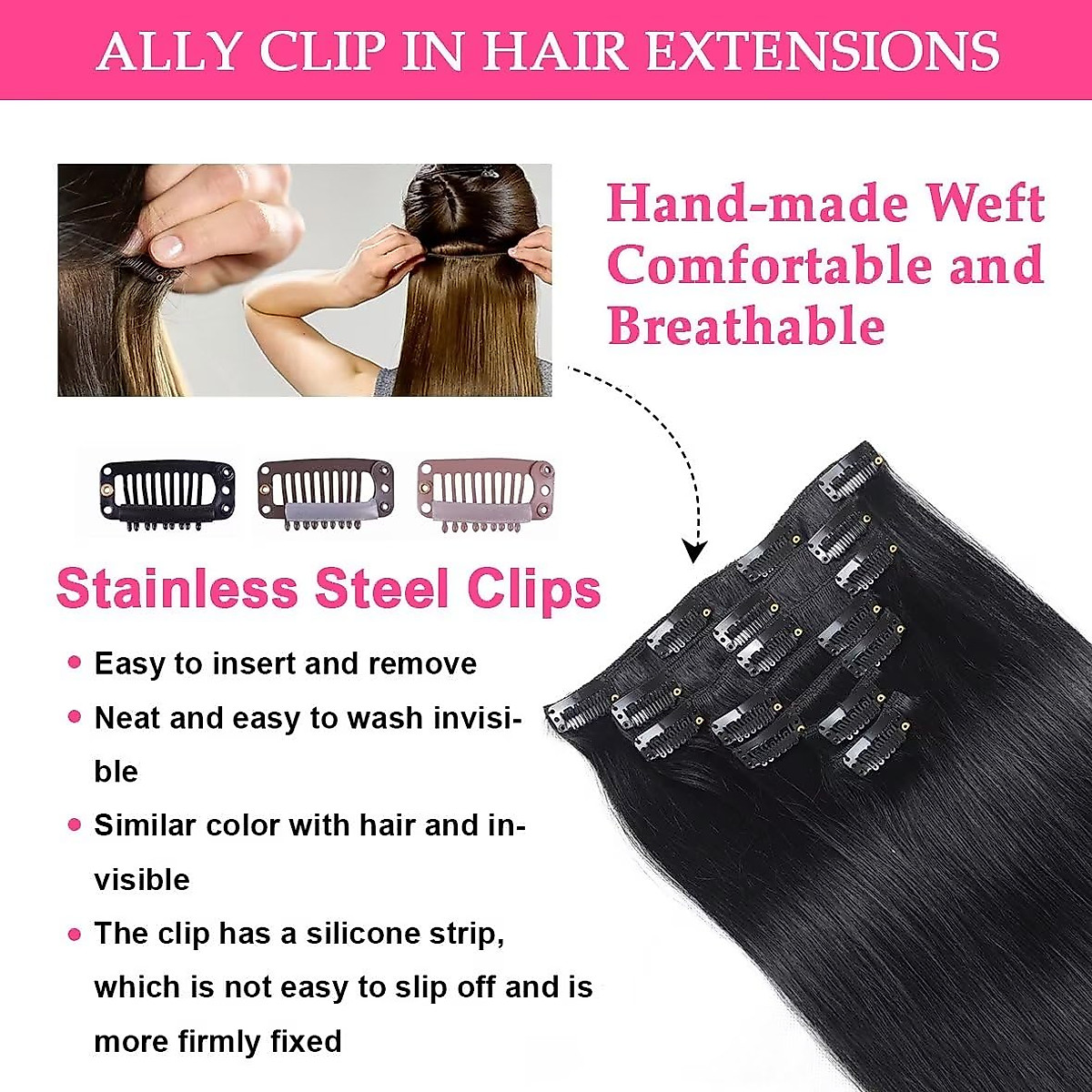 ALLY Straight Clip in Hair Extensions Real Human Hair 100% Remy Virgin Human Hair Clip ins Extensions Clip-in Hair Extensions for Women Double Weft Soft Hair No Tangles (20 Inch #1 Jet Black)