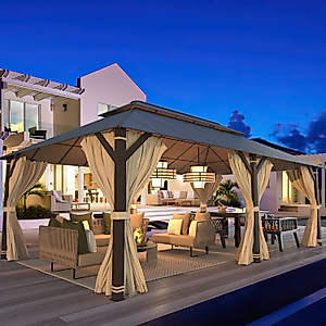 EROMMY 12'x20' Gazebo Double Aluminum Composite Roof Permanent Pavilion Gazebo Outdoor Hardtop Aluminum Frame Canopy with Curtains and Netting for Backyard Patio Lawn Garden