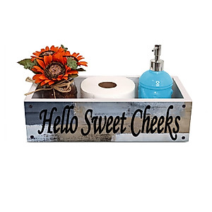 Lnond Rustic Bathroom Decor Box, Bathroom Toilet Tank Tray Storage Basket, Hello Sweet Cheeks Bathroom Wooden Toilet Paper Basket with Handle (Blue and Brown)