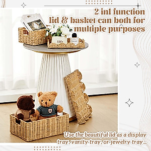 Sintuff 2 Pieces Hand Woven Rattan Basket with Lid Scalloped Storage Basket 2 Sizes Multipurpose Wicker Basket Large Decorative Storage Box for Shelf Closet, Natural