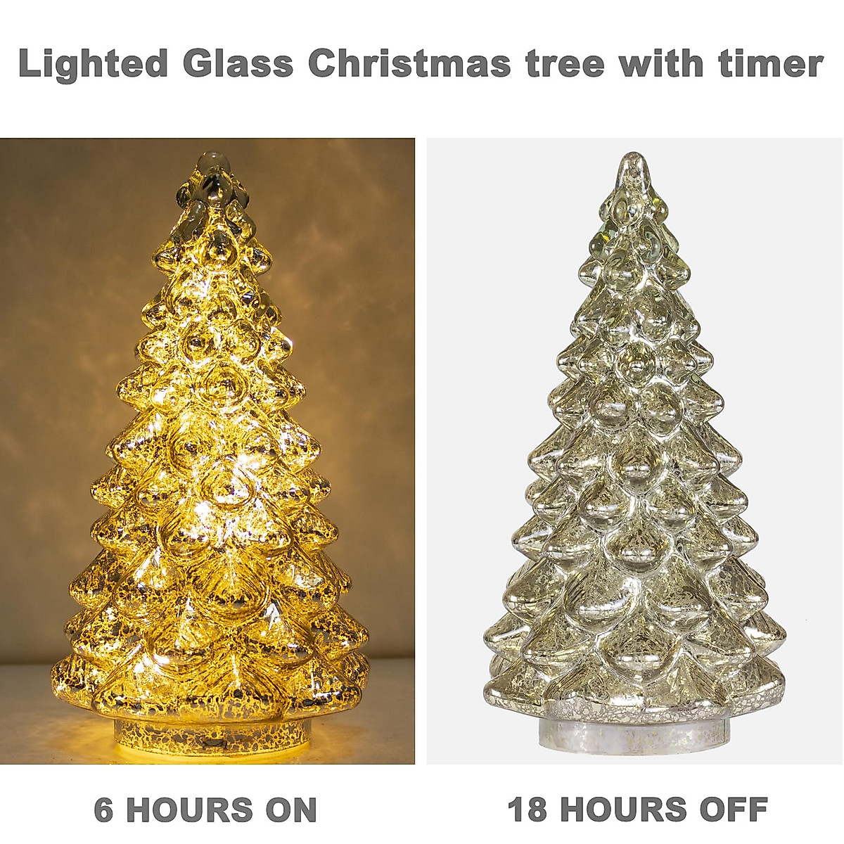 KI Store Lighted Glass Christmas Tree Figurine with Timer Set of 3 Mercury Glass Christmas Decoration Battery Operated for Centerpieces Window Tabletop Mantel