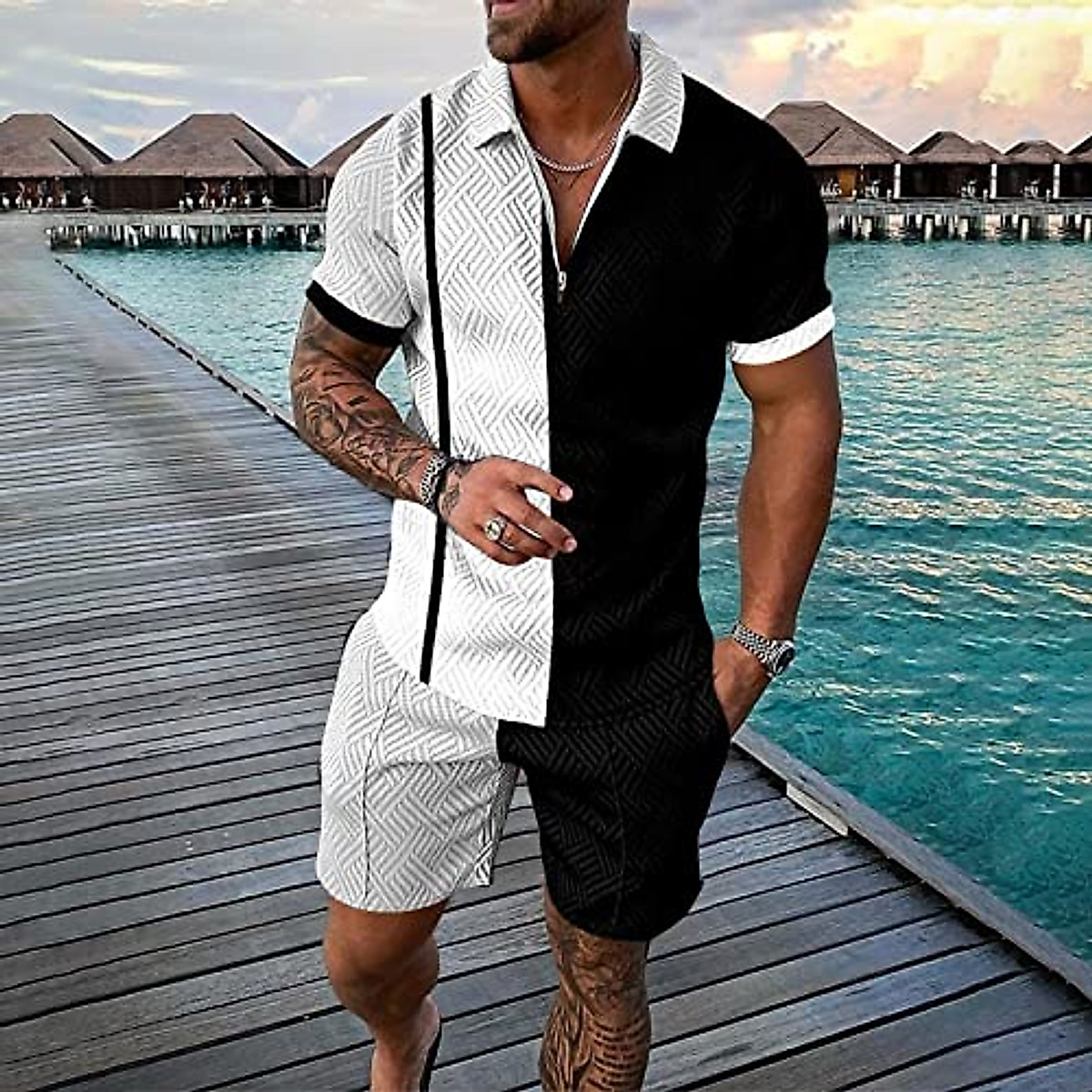 EELHOE Mens Bathroom Set Men's 2 Piece Outfit Lightweight Classic-Fit Short Sleeve Graphic Tees Printed Shorts Breathable Sport Set Men Watch Set