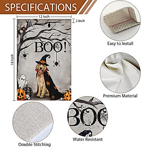 Heyfibro Halloween Boo Golden Retriever Dog Garden Flag 12x18 Double Sided Burlap Spooky Ghost Rustic Farmhouse Decor Halloween Pumpkins Yard Flags for Seasonal Holiday Decoration(ONLY FLAG)