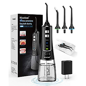 Nicefeel Cordless and Rechargeable Water Flosser - 300ML Water Tank Oral Irrigator, 4 Jet Tips, 3 Pressure Modes - IPX7 Waterproof and Travel Friendly for Dental Care