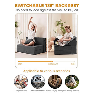 Fjdesklu Folding Couch Sofa Bed - Comfortable Sleeper Chair with Stable Back Support, Pocket and Throw Pillow, Durable Fabric & Portable Design for Napping, Yoga, Reading, and Relaxation - Grey