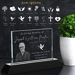 Sympathy Gifts, 3D Photo Crystal, Personalized with Any Photo, Icon, Name, Date - Gifts for Loss Loved Ones (Horizontal)