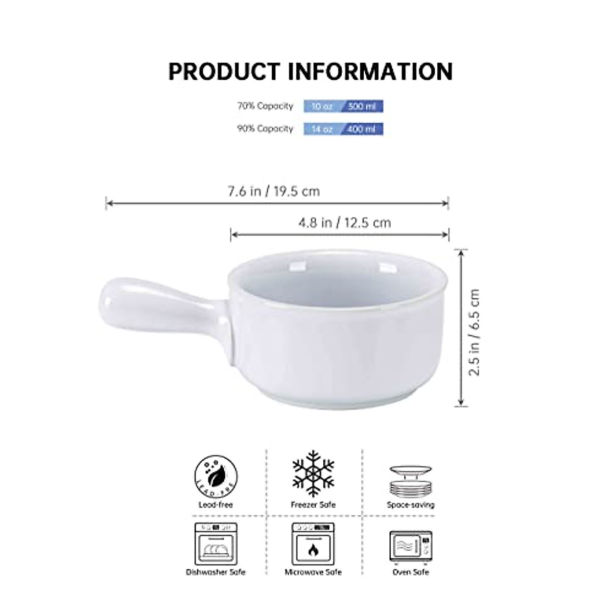 UNICASA Ceramic Soup Bowls with Handles - 14 Ounce French Onion Soup Crock Pot Microwave Oven Safe for Chili, Cereal, Stew, Set of 4 (White)