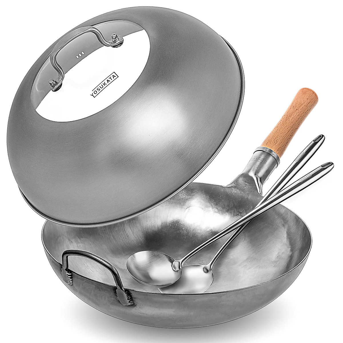 YOSUKATA Silver Round Bottom Wok Pan – 14" Woks and Stir Fry Pans + Wok Lid 13.6 Inch + 17’’ Wok Spatula and Ladle