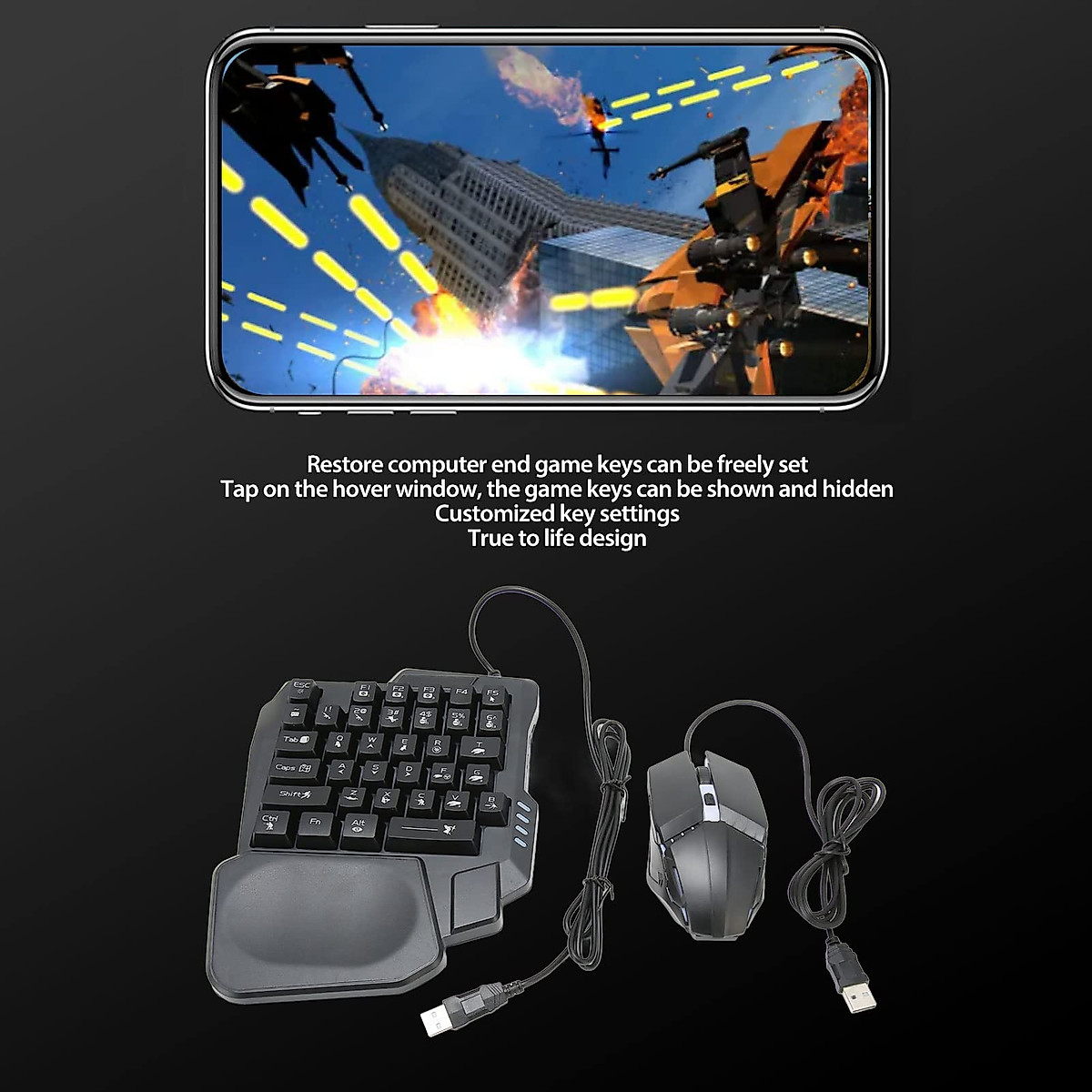 Half Hand Gaming Keyboard and Mouse Combo, 4 in 1 Mobile Game Combo Pack, Mobile Gamepad Controller, One Handed Gaming Keyboard, Mouse Converter, Adjustable Phone Stand