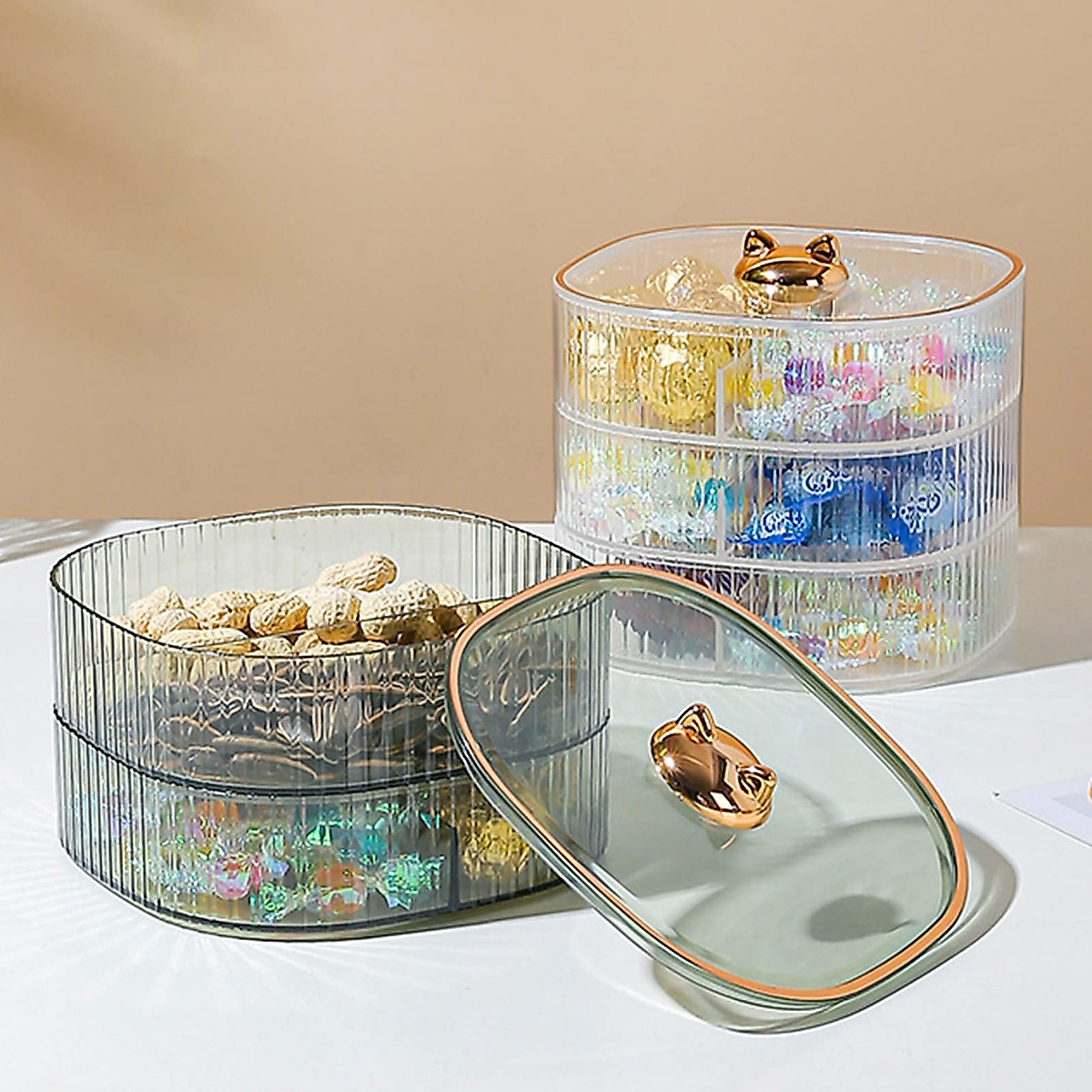 2/3 Tiers Snack Box Candy Dish with Cover, 2 Compartments Festive Wedding Candy Box, Dried Fruit Plate Snacks Storage Tray, Candy & Nut Serving Container for New Year Green Dual Layer