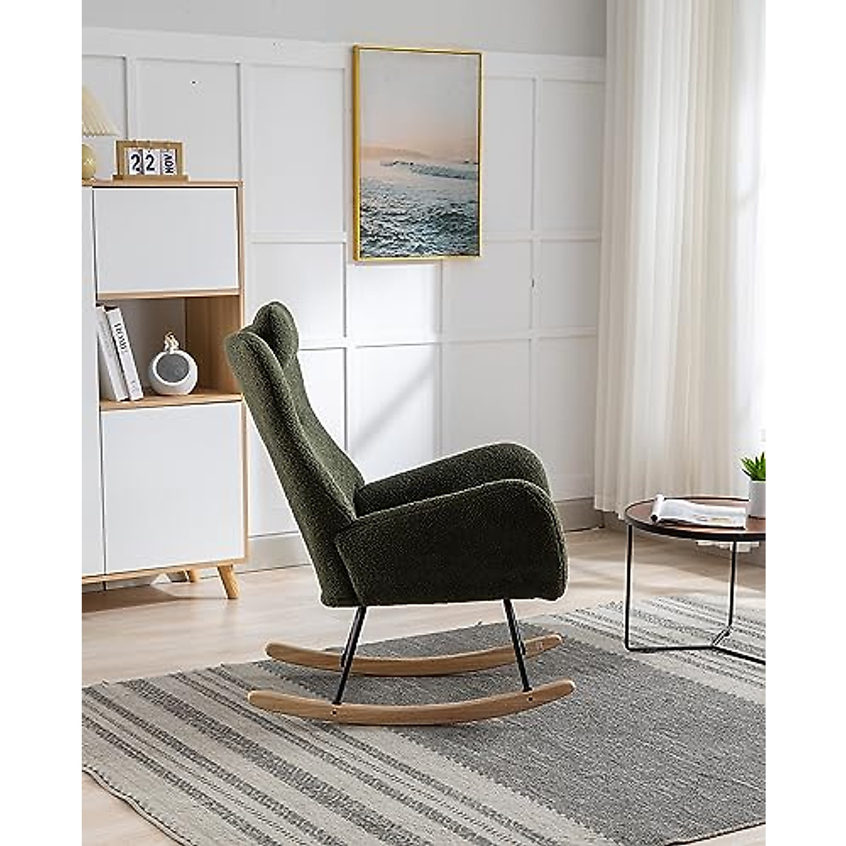 Rocking Chair for Baby Nursery, Comfy Small Rocker with Neck Rest and Pocket, Modern Upholstered Accent High Back Armchair for Living Room, Bedroom, and Office (Dark Green)