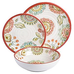 Gibson Home Mauna Melamine Plastic Dinnerware Set, Service for 4 (12pcs), Brick Floral