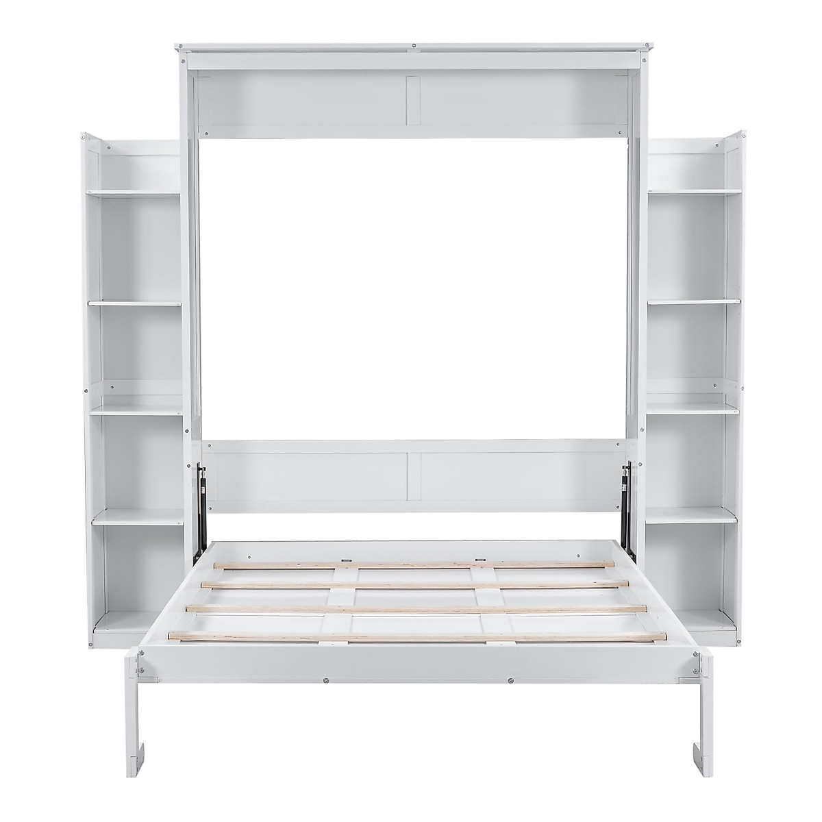 Merax Queen Size Murphy Bed, Queen Wall Bed Frame with Shelves and LED Lights, White