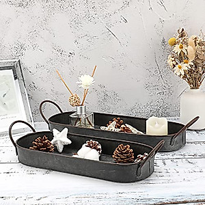 Hipiwe Set of 2 Galvanized Metal Iron Tray with Handles Oval Farmhouse Serving Tray Rustic Industrial Decorative Tray Centerpiece Tray for Coffee Table Weddings Home Decor
