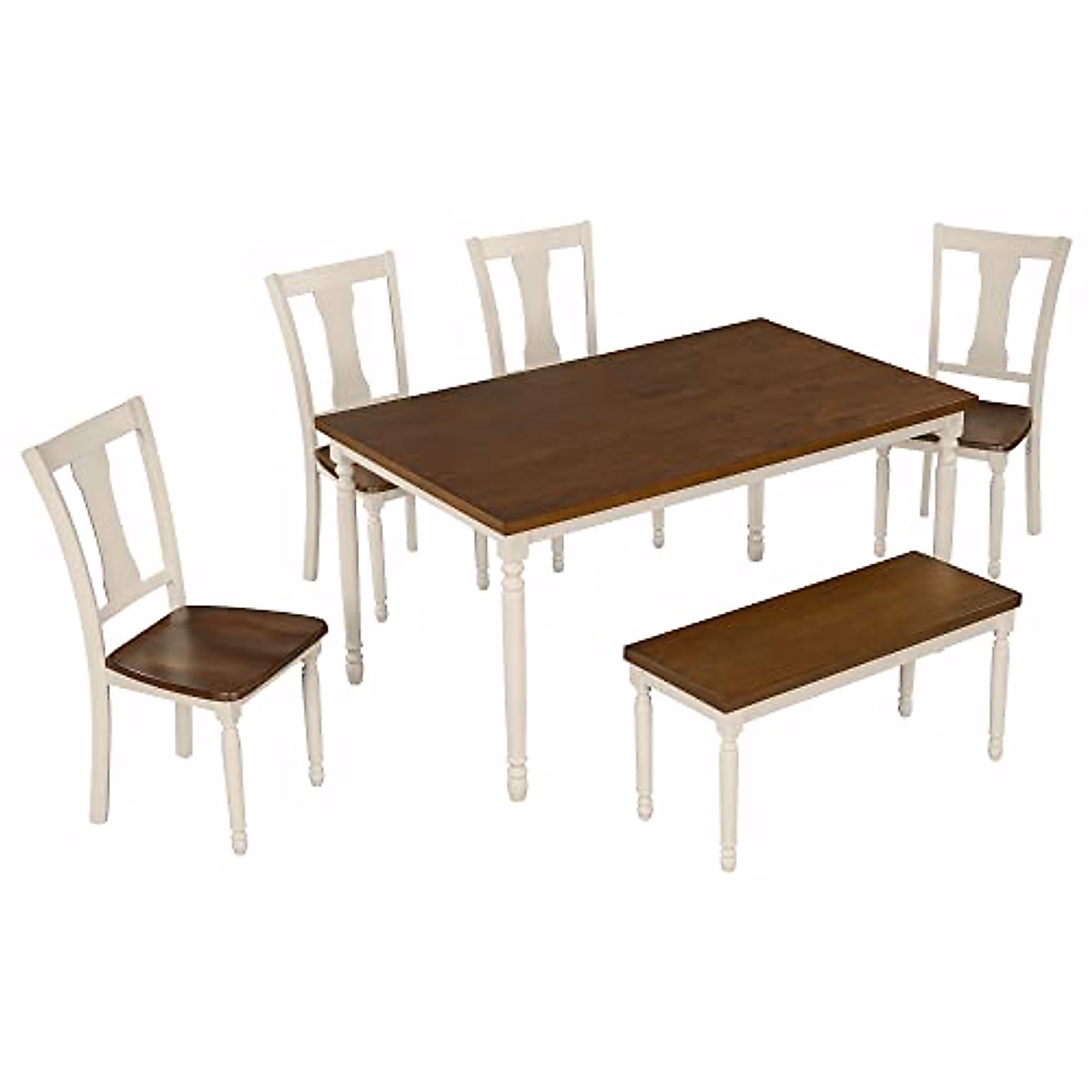 Merax 6-Piece Classic Wooden Dining Table Set with 4 Chairs and Bench for Kitchen, Family Furniture, 60 x 35.8 x 30 inch, Brown