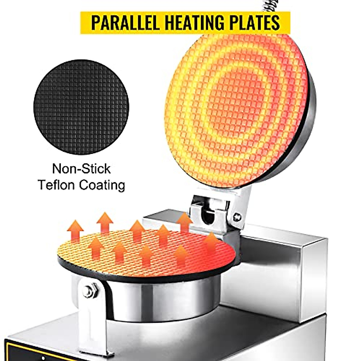 VEVOR Commercial Ice Cream Cone Waffle Maker Machine, 110V Electric Waffle Cone Machine, 1200W Stainless Steel Egg Cone Baker w/Non-Stick Teflon Coating, Temp & Time Control for Restaurant Bakeries