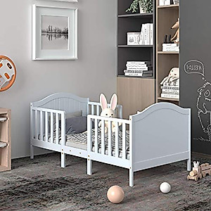 Costzon 2 in 1 Convertible Toddler Bed, Classic Wood Kids Bed w/2 Side Guardrails, Footboard for Extra Safety, Children Bed Frame Convert to Two Chairs/Sofa/Cribs, Gift for Boy Girl (White)